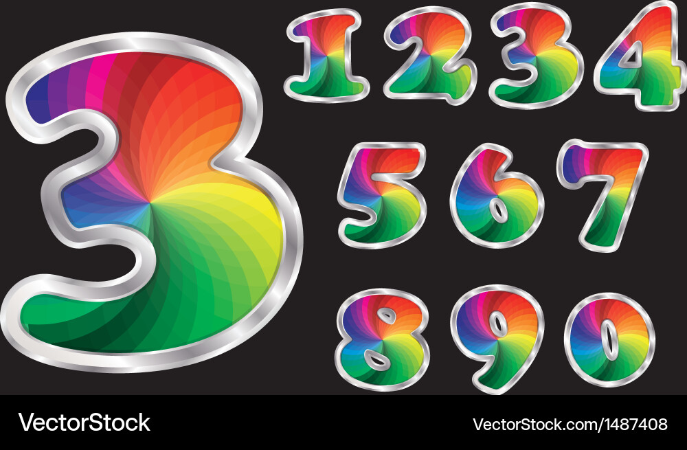 Colorful rainbow numbers set with silver frame Vector Image