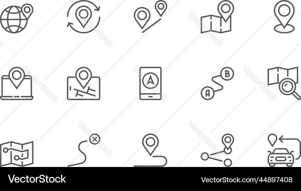 Navigation location and map line icons Royalty Free Vector