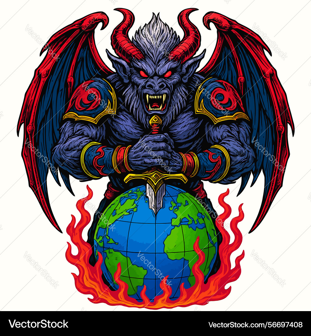 Winged demon holding sword over earth globe Vector Image