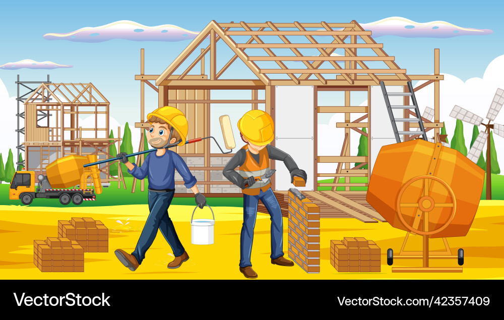 House construction site with workers cartoon Vector Image
