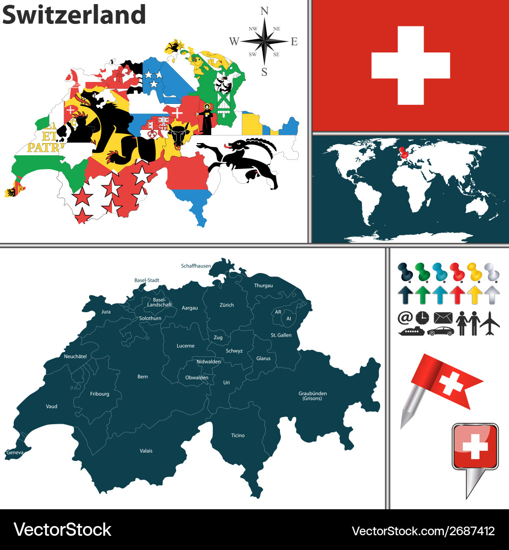 Switzerland with regions and flags Royalty Free Vector Image