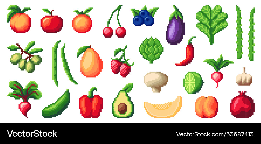 8bit pixel art vegetables and fruits game asset Vector Image