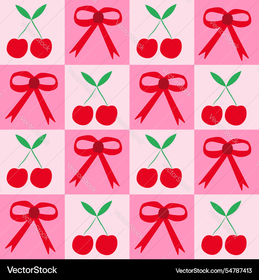 Checkered cherries and red bows seamless pattern Vector Image