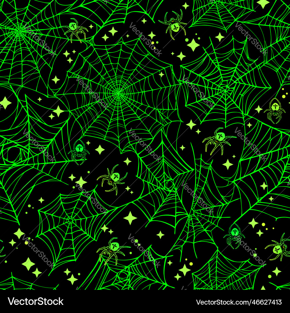 Pattern of a green bright web with spiders Vector Image