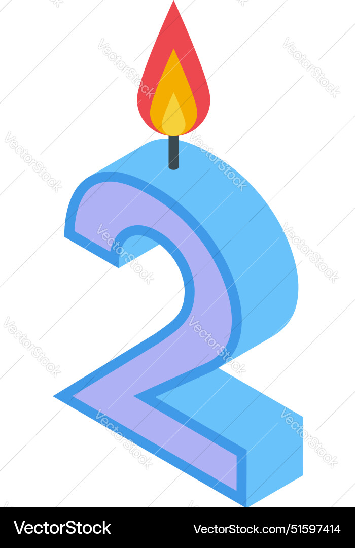Blue number two candle with lit wick celebrating Vector Image
