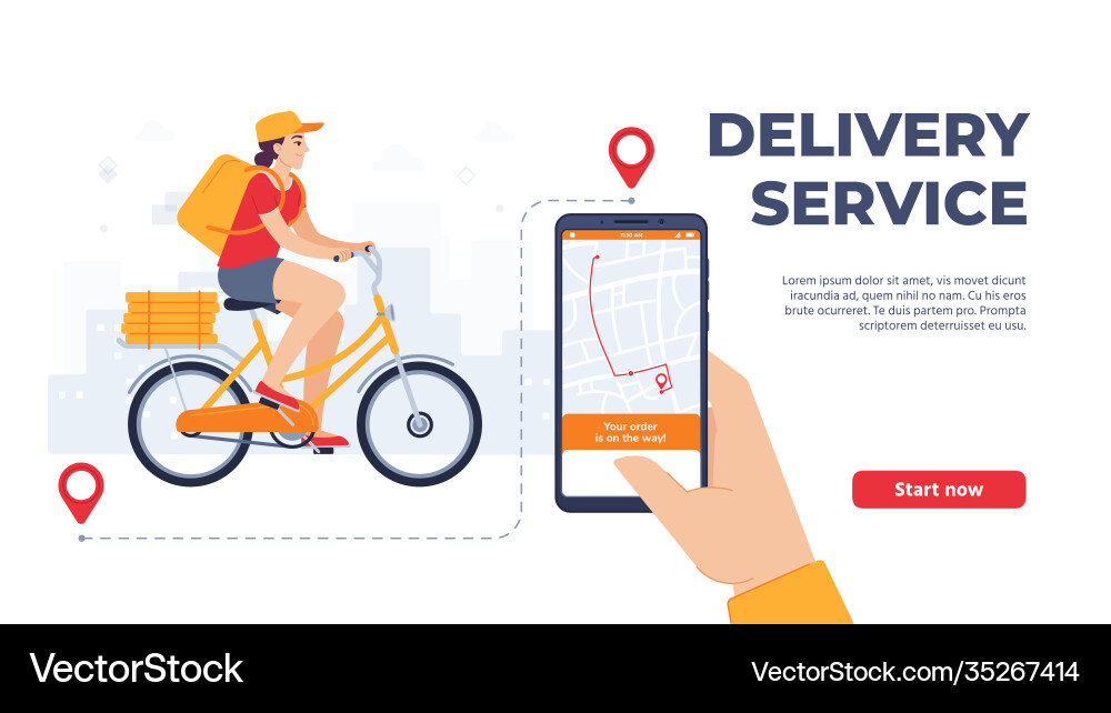 Delivery service application woman riding bicycle Vector Image