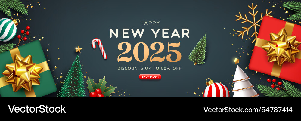 Happy new year 2025 green gift box greeting cards Vector Image