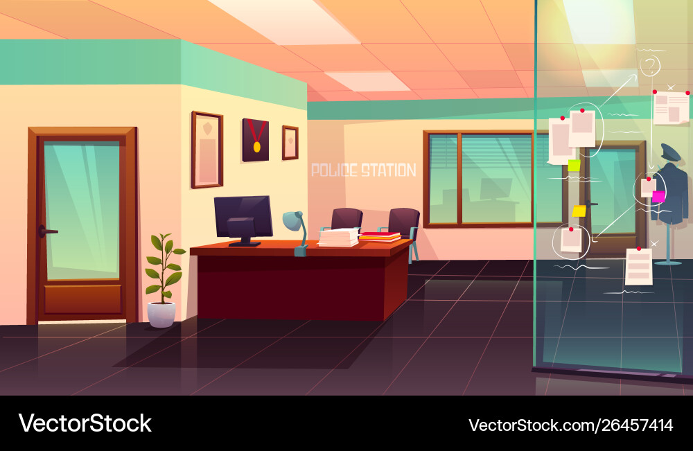 Police station room interior with evidence board Vector Image