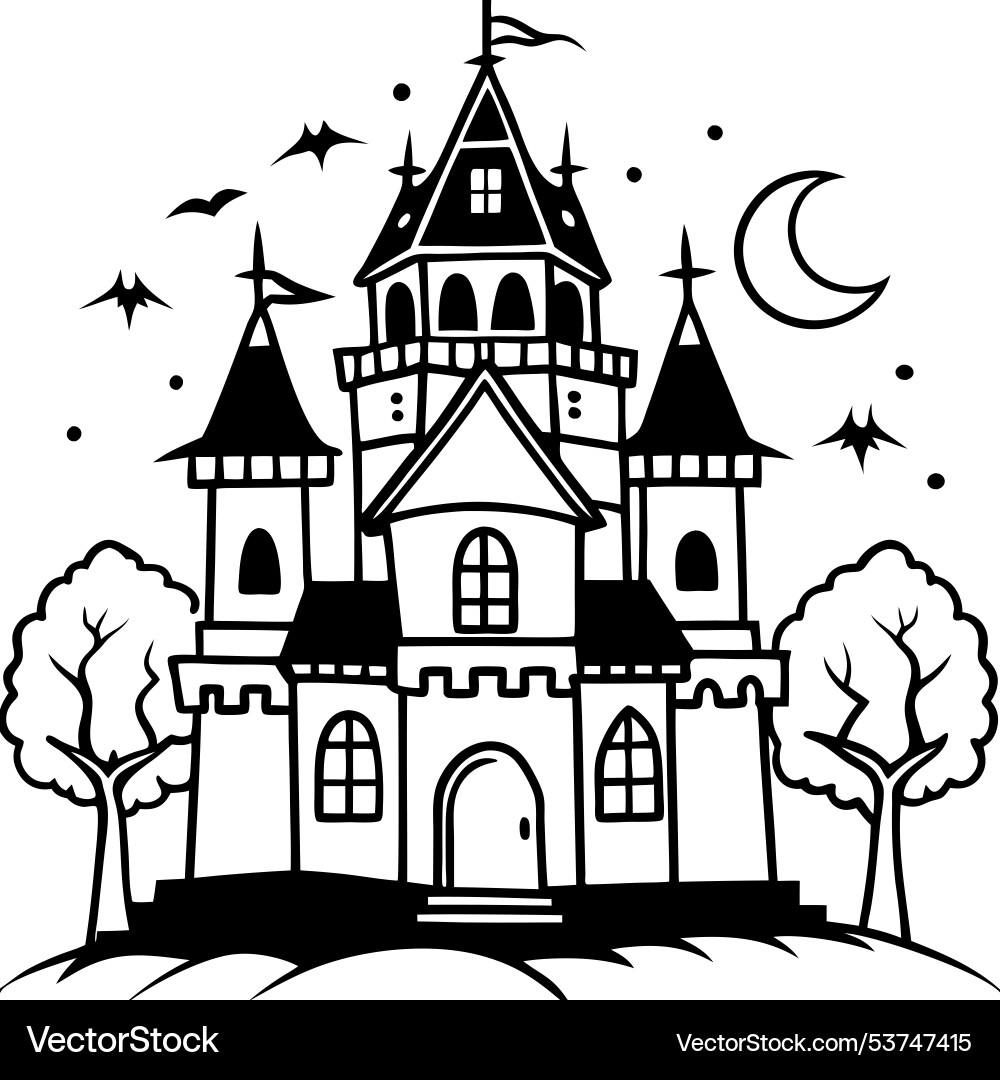Large haunted castle with many illuminated Vector Image