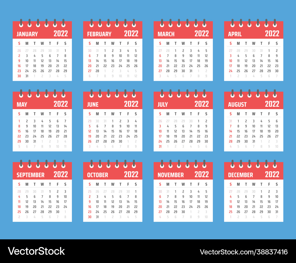 Calendar for 2022 starts sunday Royalty Free Vector Image