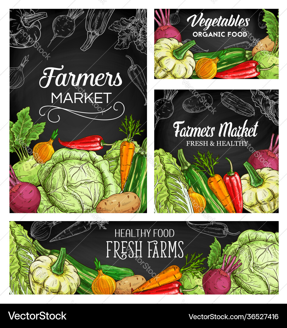 Farmer vegetables sketch posters banner Royalty Free Vector