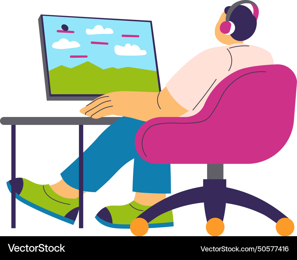 Gamer guy playing games in headphones at computer Vector Image