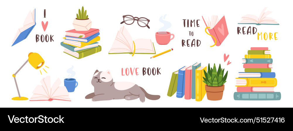 Reading and book cartoon colorful elements Vector Image