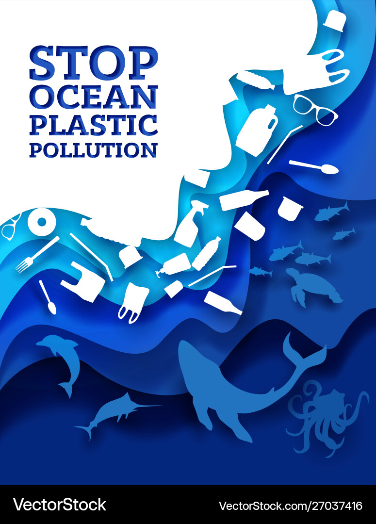 Stop ocean plastic pollution paper cut Royalty Free Vector