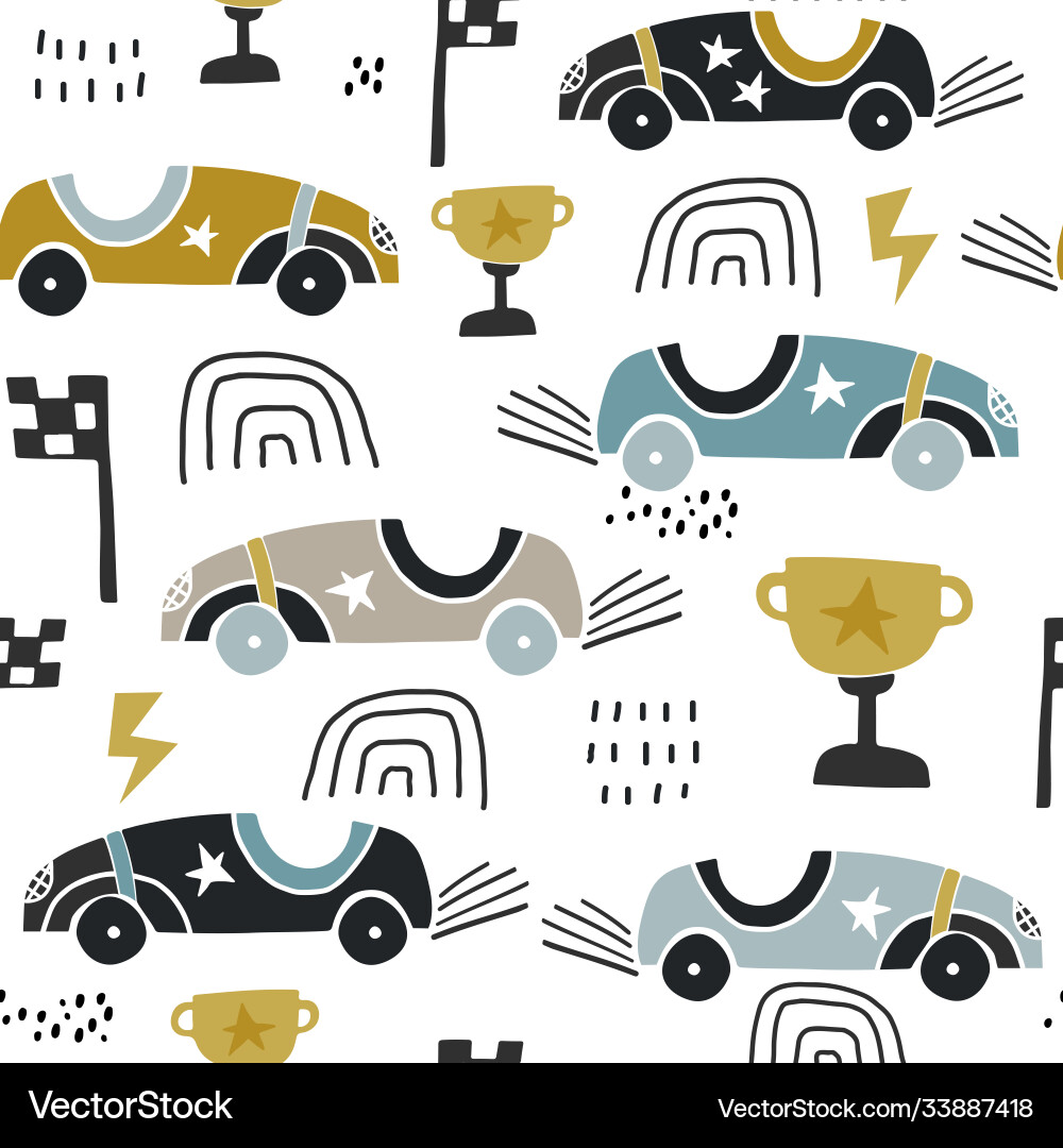Seamless pattern with hand drawn retro racing cars