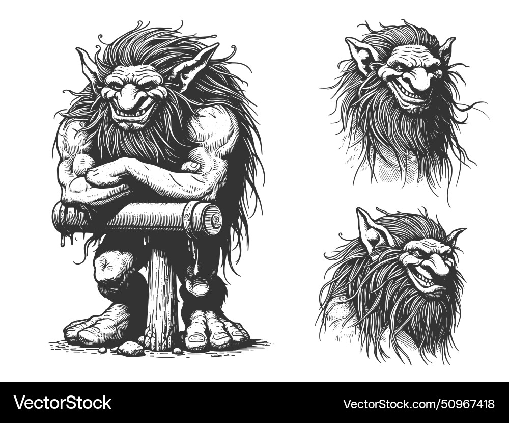 Troll set engraving sketch Royalty Free Vector Image