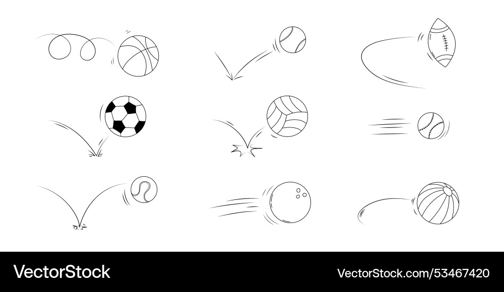 Doodle sport ball trajectory bounce collection Vector Image
