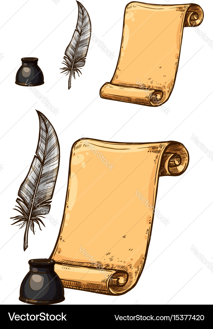Icons of old paper roll and ink feather pen Vector Image