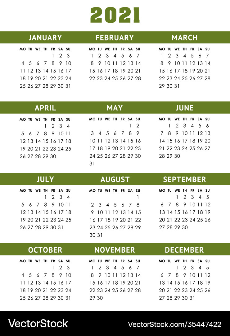 Calendar for 2021 year week starts monday Vector Image