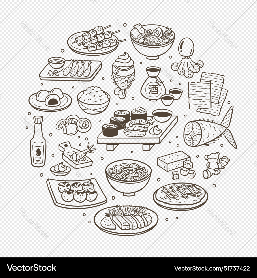 Japanese food doodle set Royalty Free Vector Image
