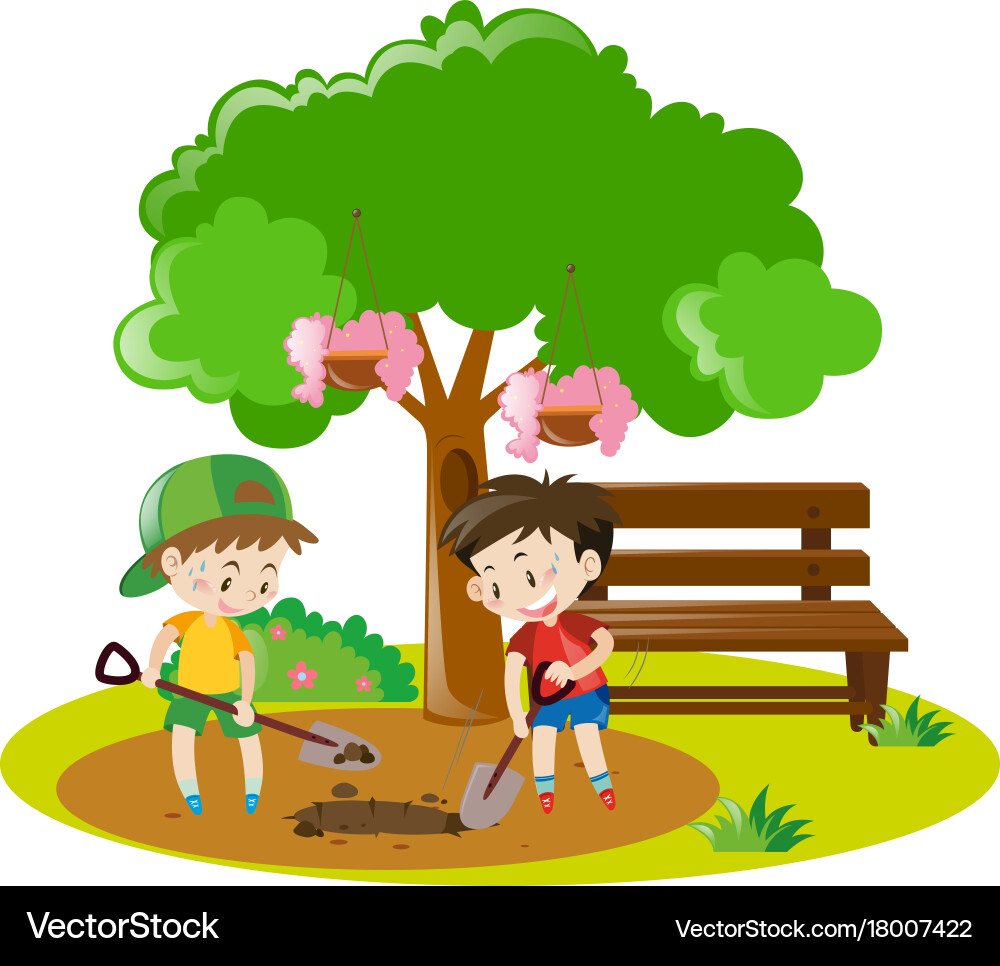 Two boys digging hole in garden Royalty Free Vector Image