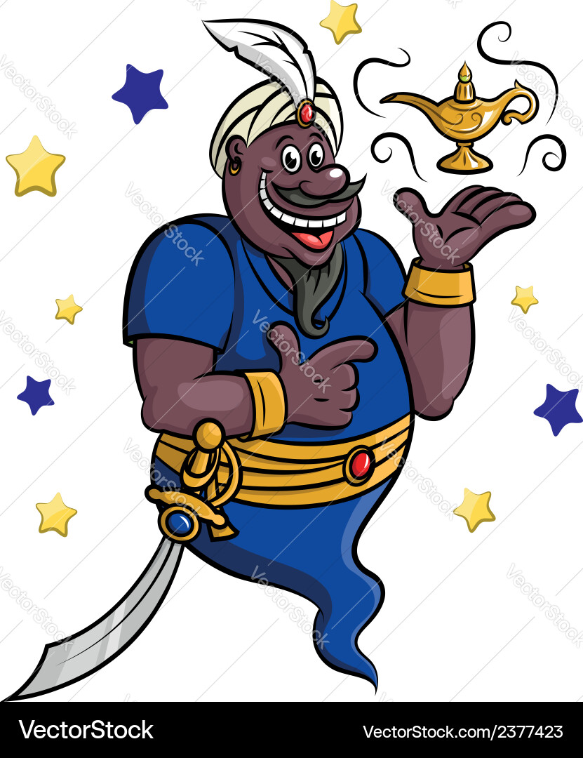 Cartoon genie with lamp Royalty Free Vector Image