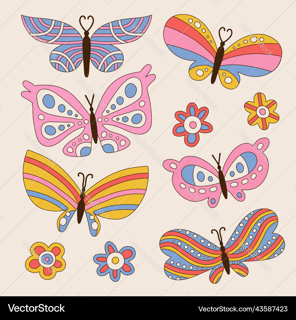 Set of retro butterflies in 60s 70s groovy style Vector Image