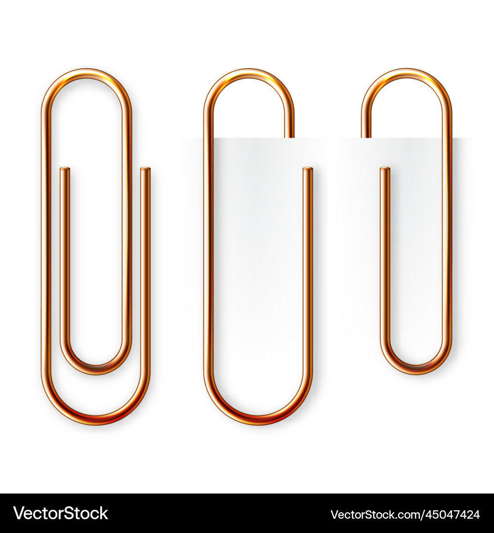 Realistic copper paperclip attached to paper Vector Image