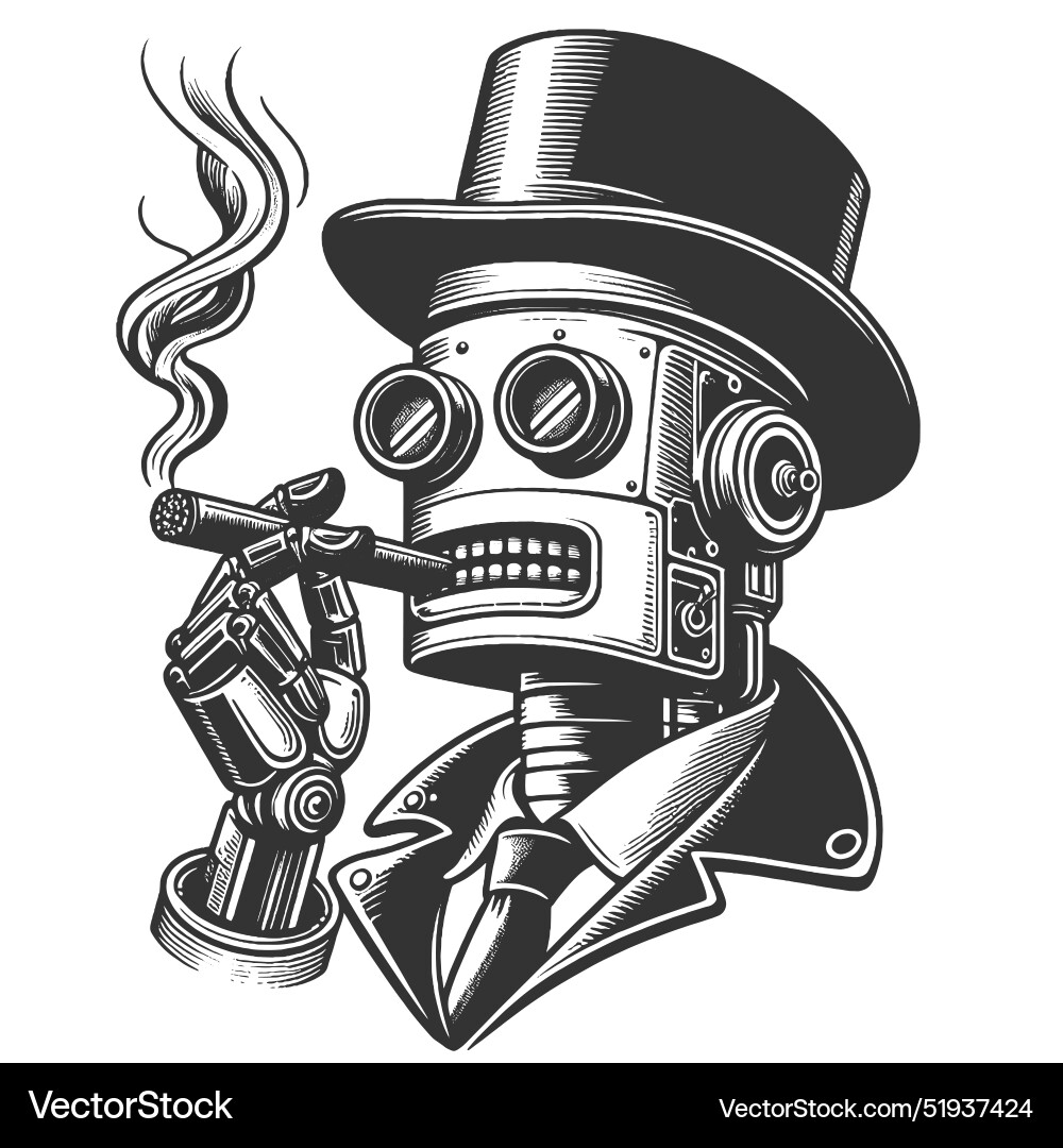 Retro robot smoking cigar Royalty Free Vector Image