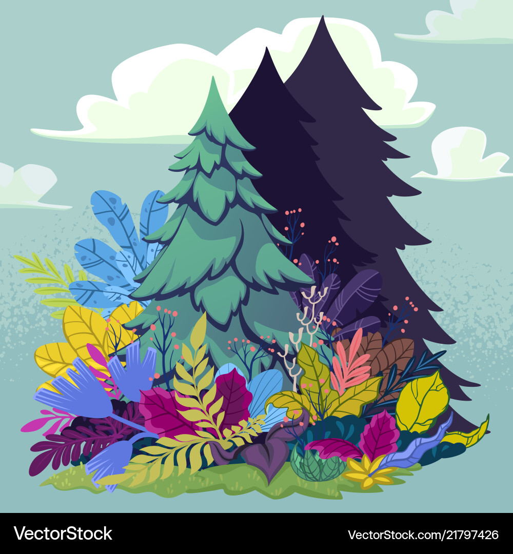 Forest with firtree and plants Royalty Free Vector Image