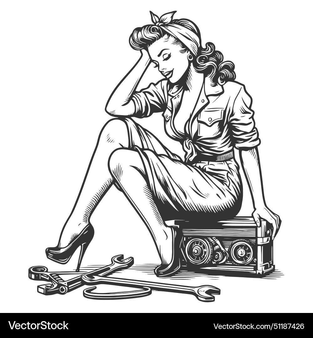 Woman mechanic posing with tools sketch Royalty Free Vector