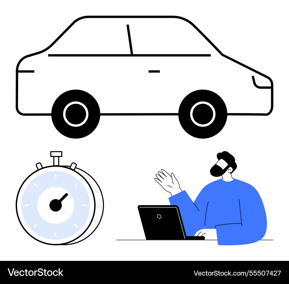 Car stopwatch and person using laptop Royalty Free Vector
