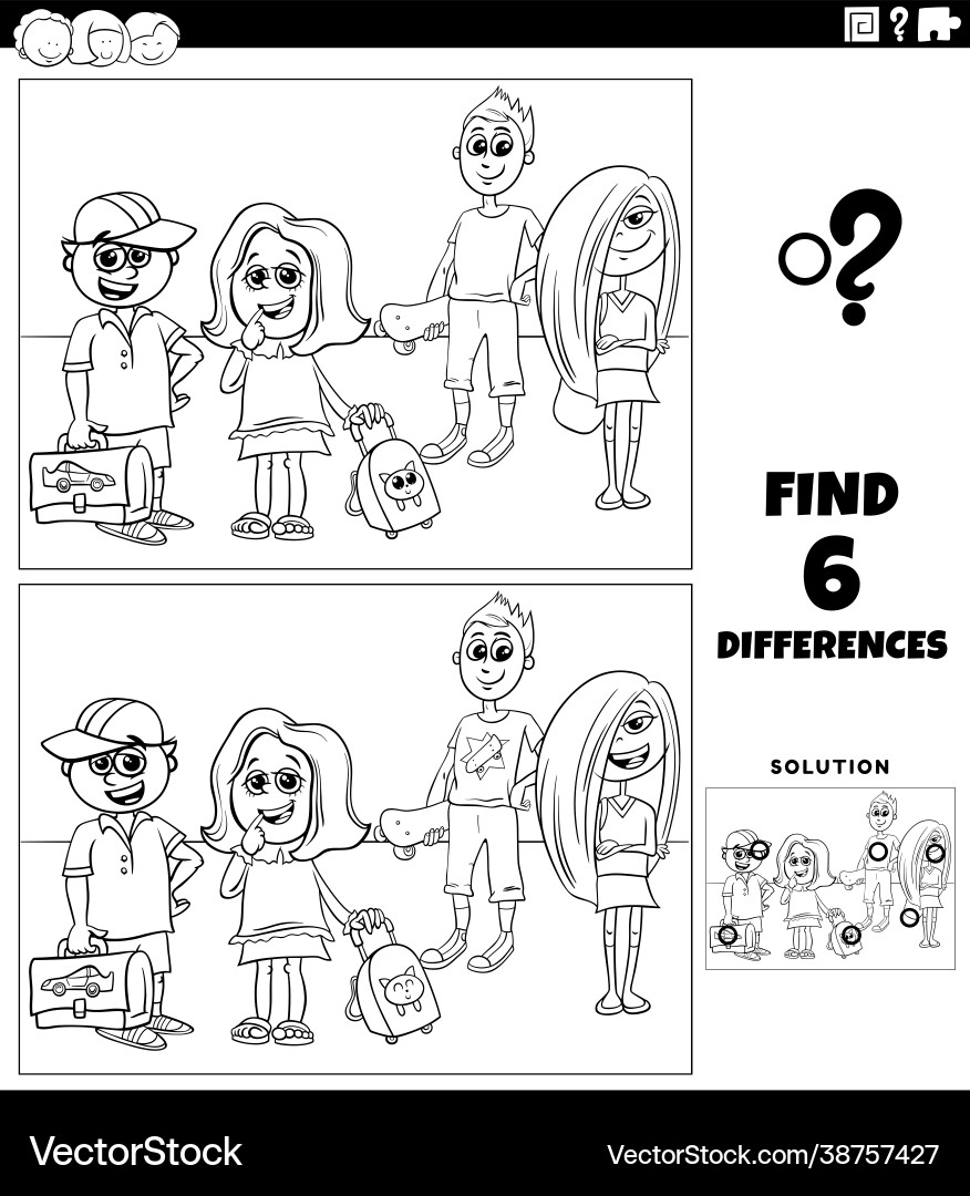 Differences game with school kids coloring book Vector Image