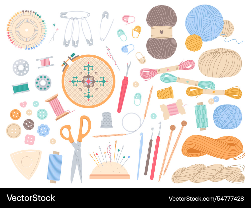 Cartoon knitting and sewing elements color Vector Image