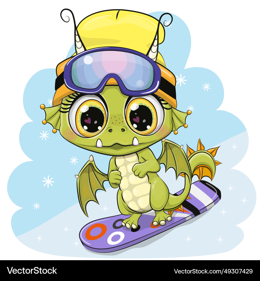 Cartoon dragon on a snowboard blue background Vector Image