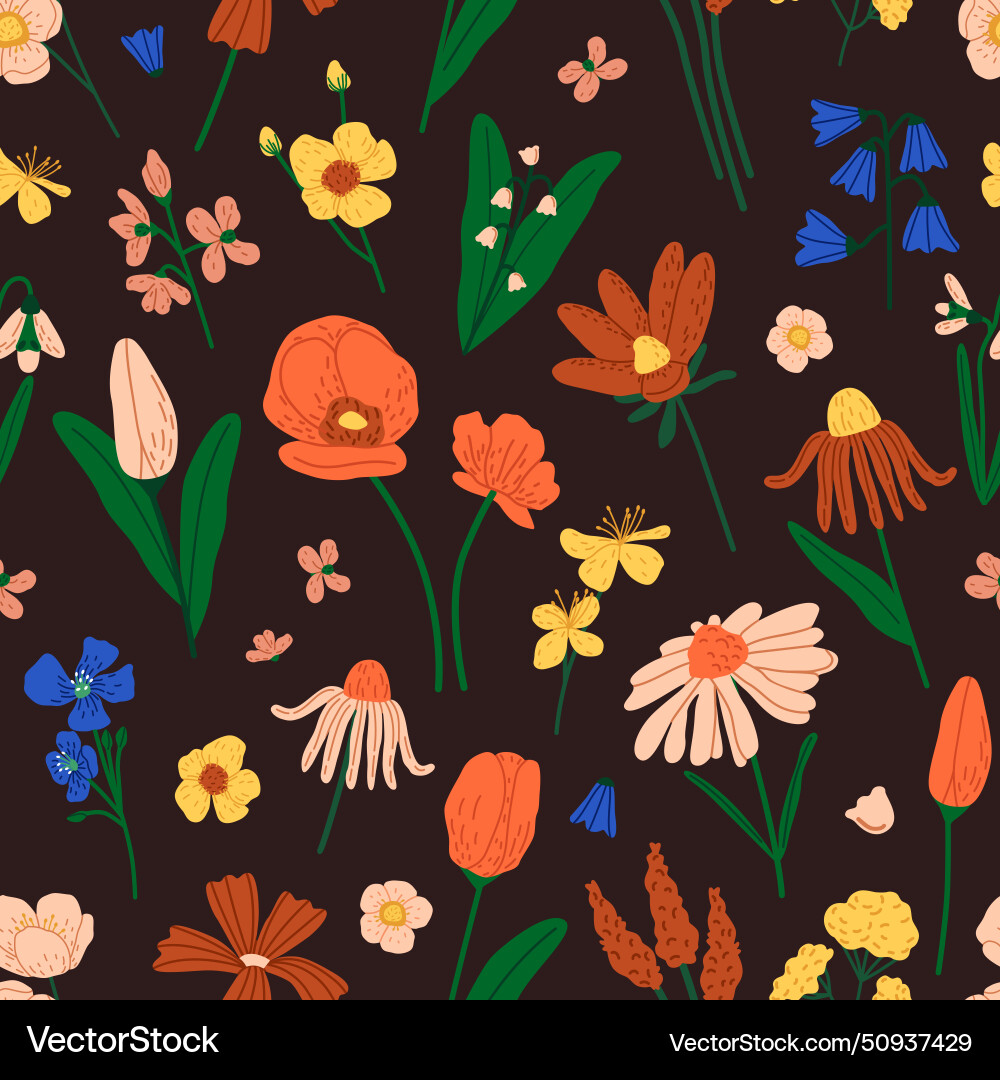 Wildflowers on repeatable pattern different wild Vector Image