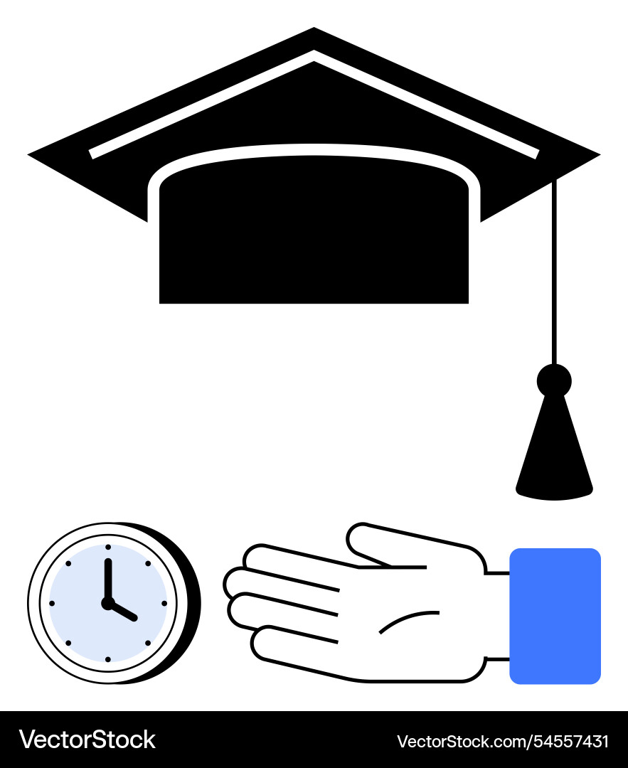 Graduation cap clock and hand symbols Royalty Free Vector