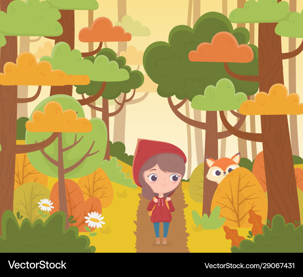 Little red riding hood walking in forest Vector Image