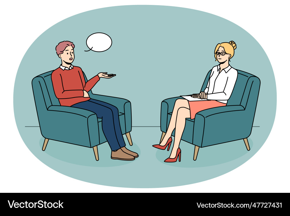 Man talking with psychologist at session Vector Image