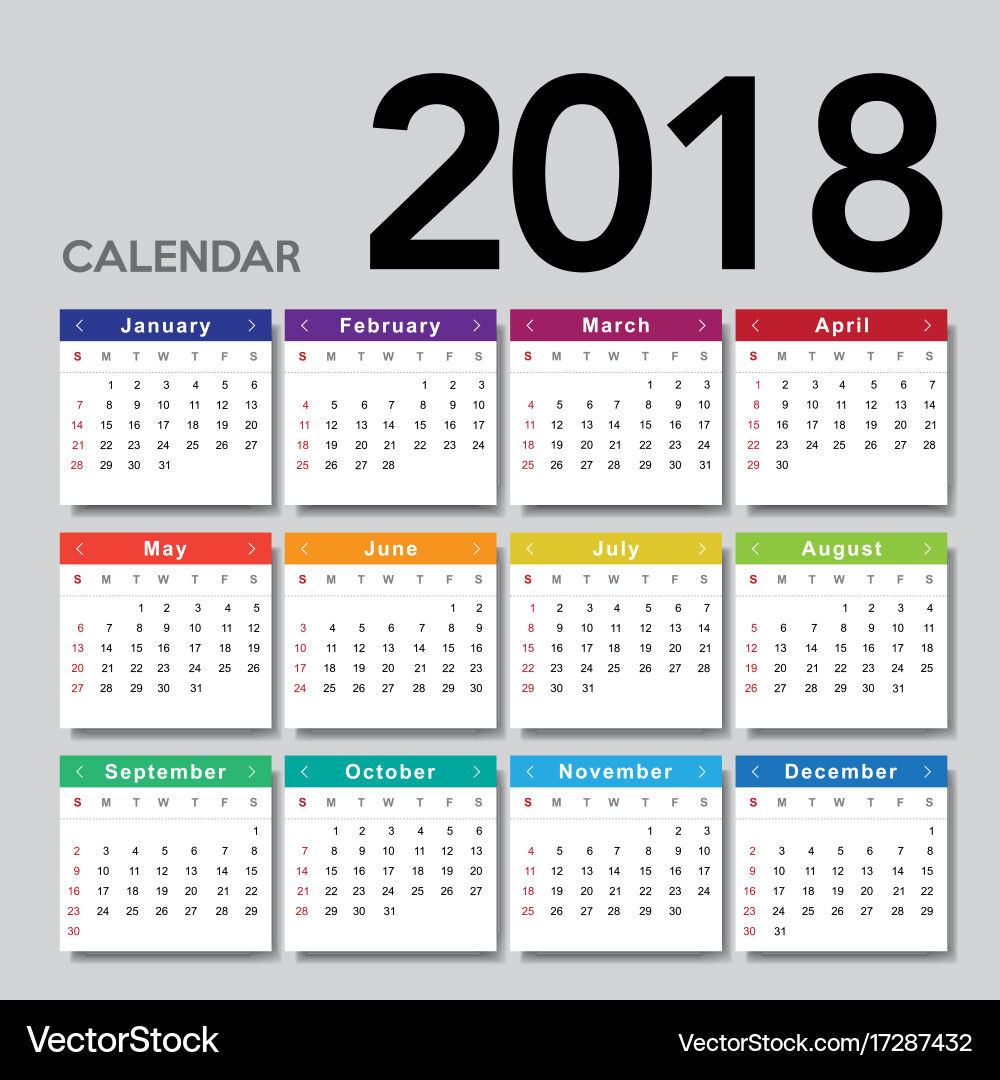 2018 Calendar - Weekly View Royalty Free Vector Image