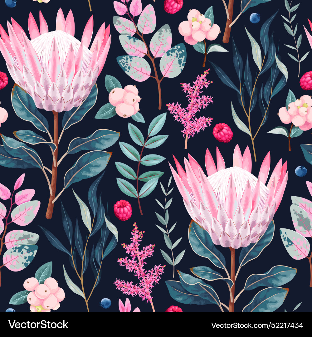 Seamless pattern with protea and greenery Vector Image