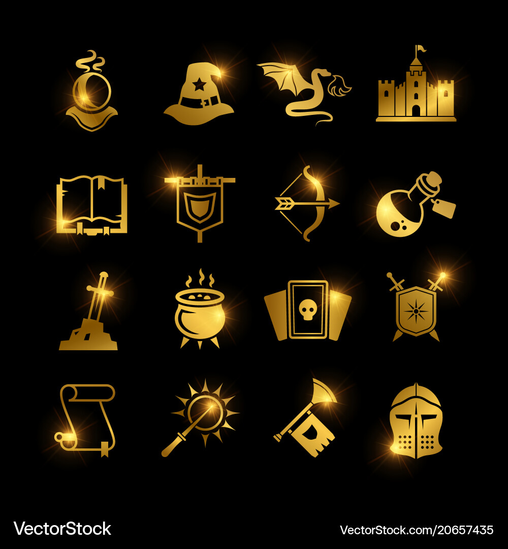 Golden fantasy medieval tale icons Royalty Free Vector Image