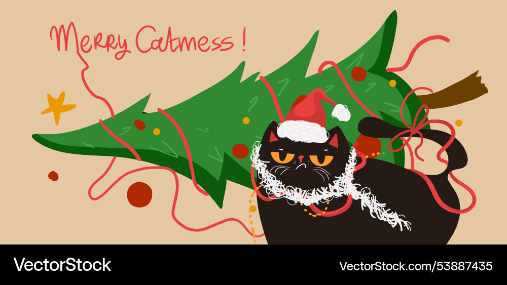 Grumpy black cats knocked down a christmas tree Vector Image