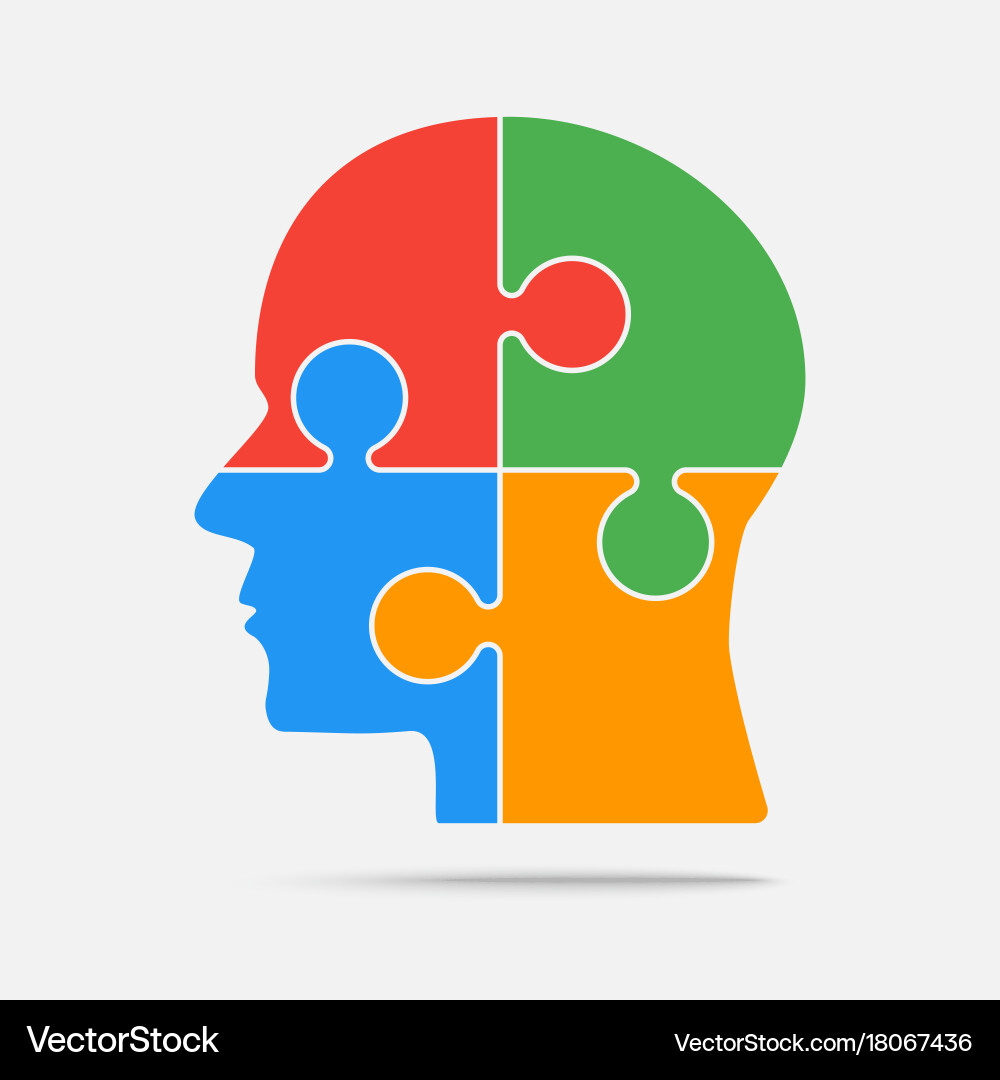 Multi color puzzle piece head - jigsaw Royalty Free Vector