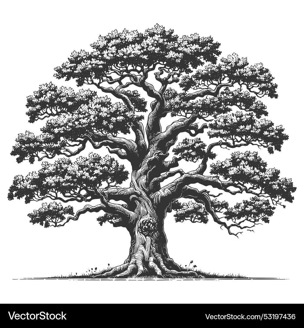 Oak tree with expansive roots engraving Royalty Free Vector