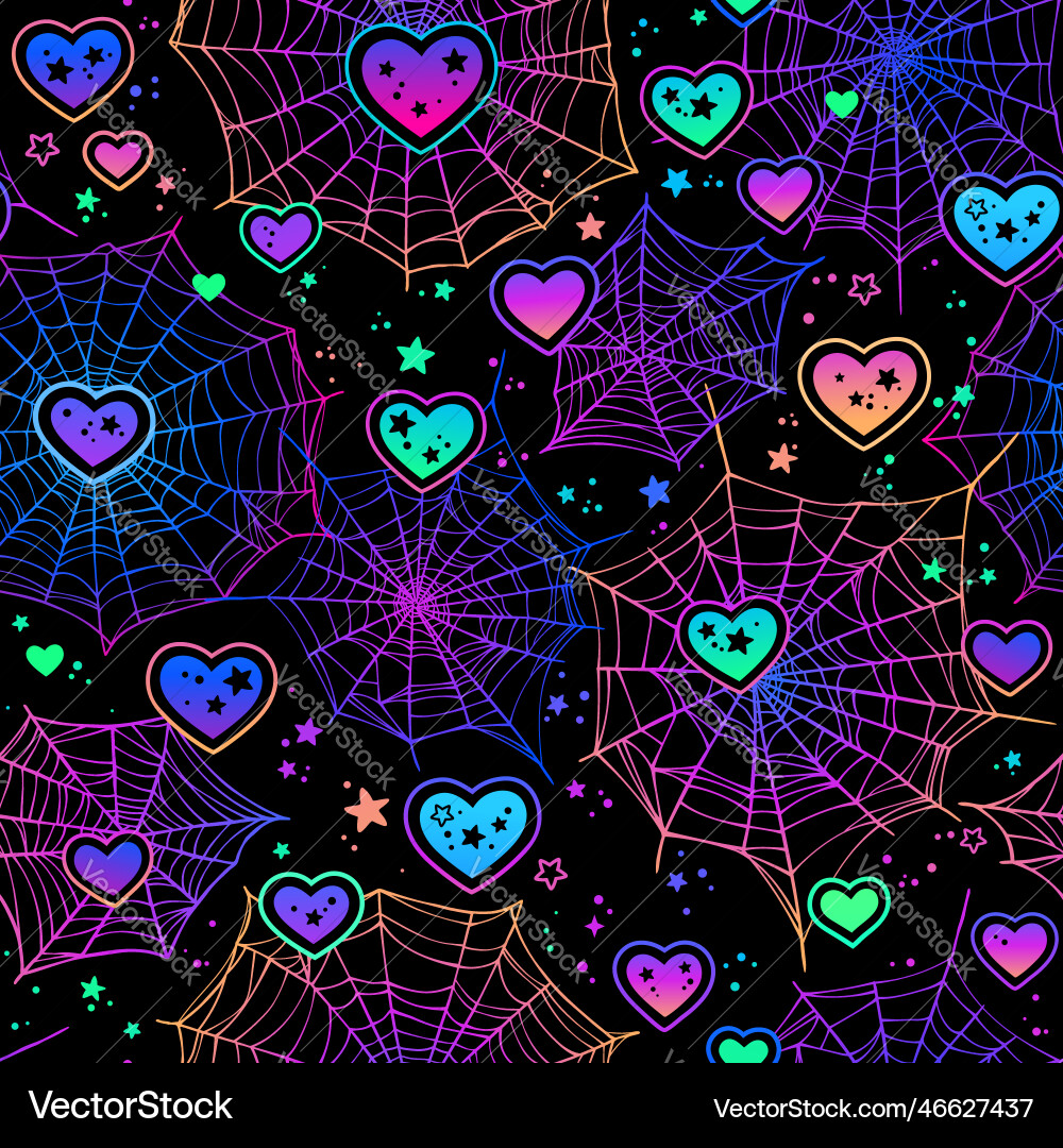 Cute pattern of bright hearts and cobwebs Vector Image