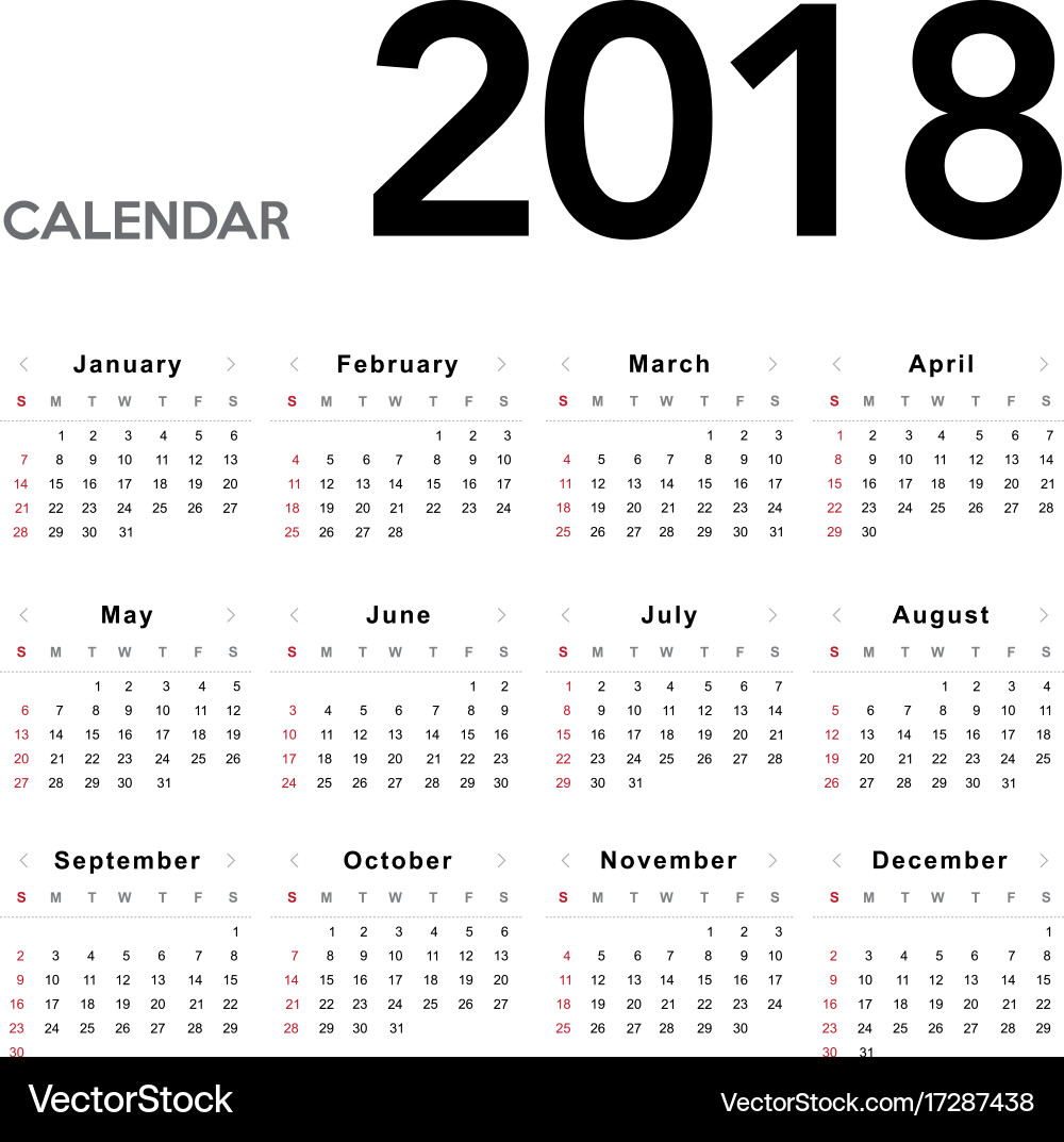 Calendar 2018 week starts from sunday Royalty Free Vector