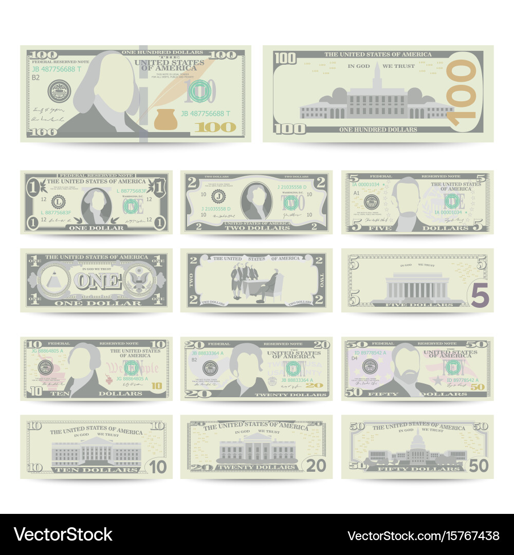 Dollars banknote set cartoon us currency Vector Image