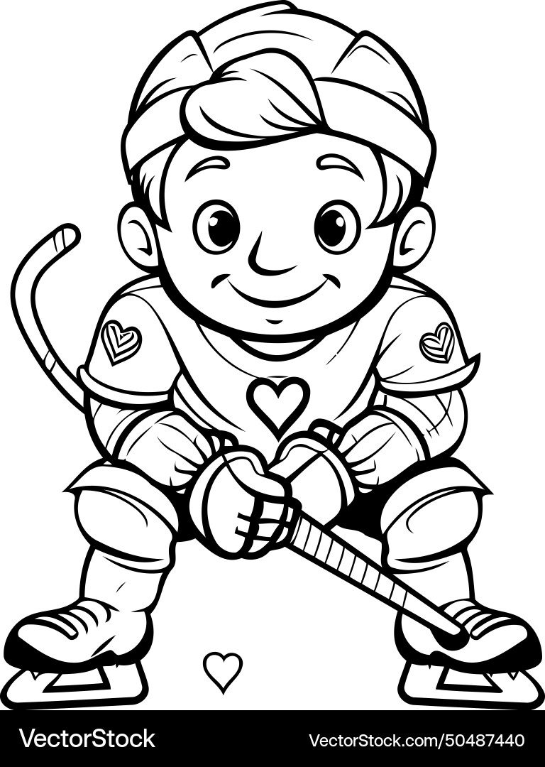 Black and white cartoon of kid hockey player Vector Image