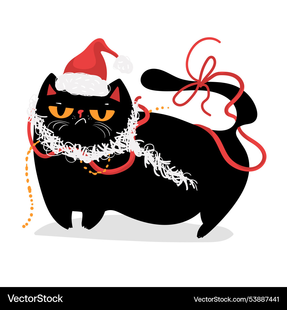 Christmas grumpy black cat with santa hat Vector Image